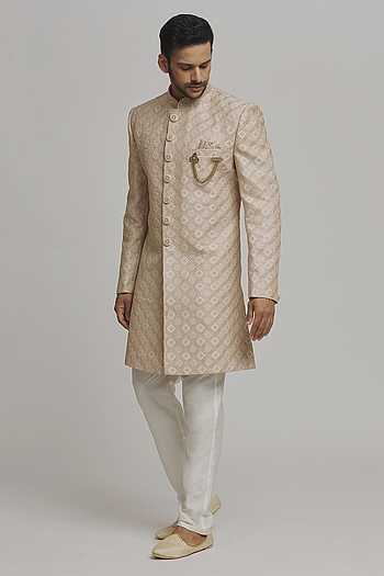 Buy Beige Cotton Embroidered Sequin Dhoom Geometric Sherwani Set For ...
