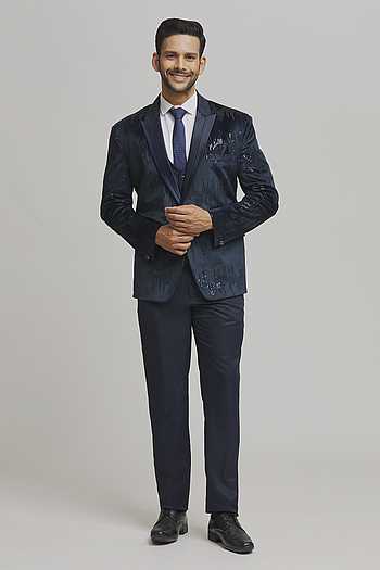 Buy Blue Cotton Velvet Embroidered Sequin Aham Embellished Tuxedo Pant ...