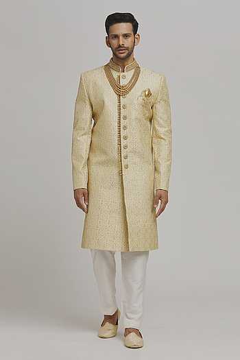 Buy Ivory Cotton Embroidery Floral Divyaswarna Sherwani Pyjama Set For ...