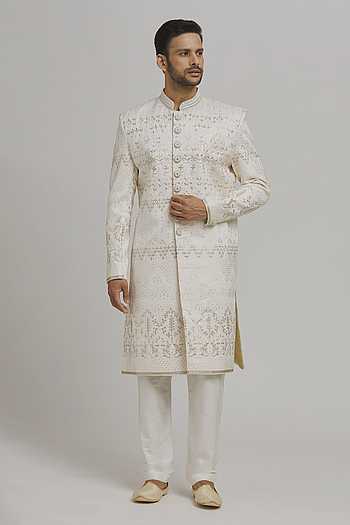 Buy Off White Cotton Embroidery Sunehra Buta Patti Sherwani Pyjama Set ...