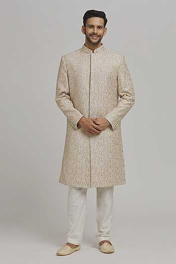 Buy Ivory Cotton Embroidery Floral Nizam Sherwani Set For Men by Aham ...