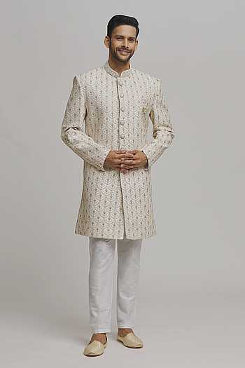Buy White Cotton Embroidery Floral Kalki Sherwani With Pant For Men by ...