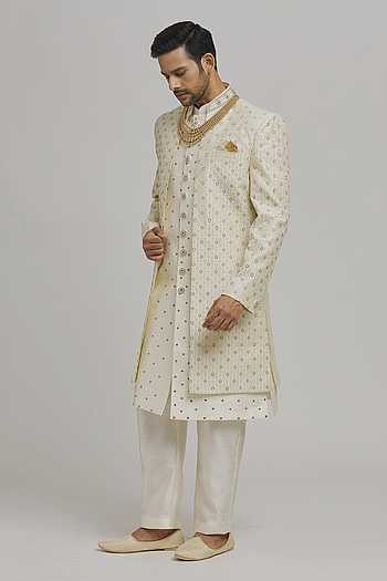 Buy Ivory Cotton Embroidery Geometric Kripam Open Sherwani Pant Set For ...