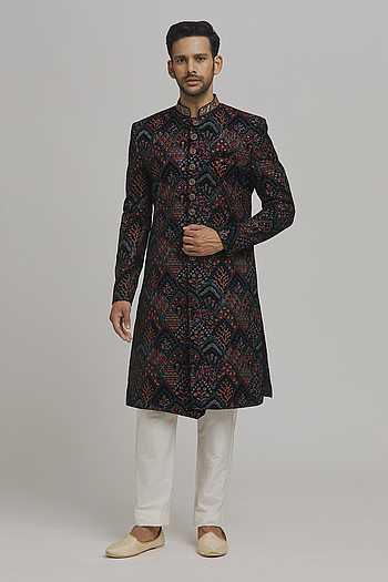Buy Black Cotton Velvet Embroidery Floral Nawaab Sherwani Set For Men ...