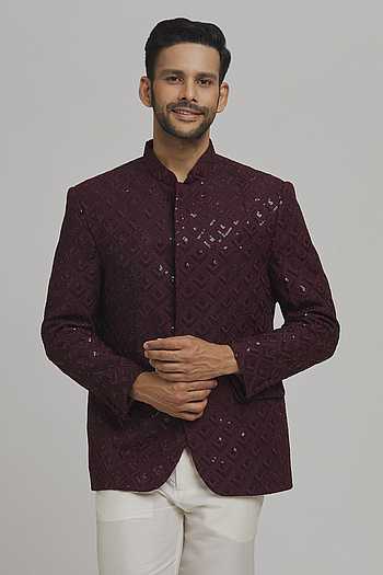 Buy Maroon Cotton Embroidery Sequins Jahaan Bandhgala For Men by Aham ...