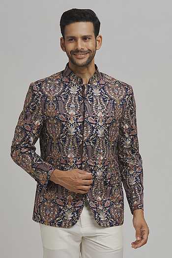 Buy Blue Cotton Embroidery Kashmiri Bandhgala For Men by Aham-Vayam ...