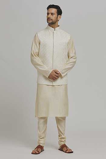 Buy White Cotton Embroidery Thread Ardhchandra Bundi Jacket For Men by ...