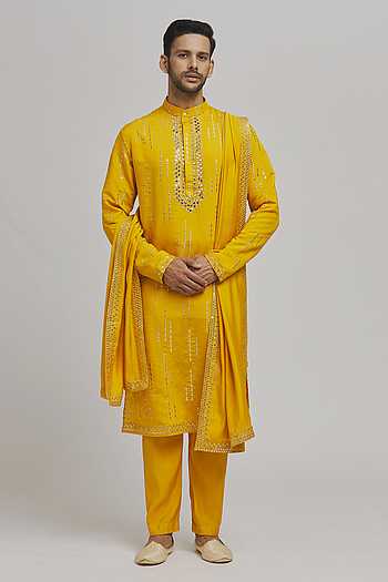 Buy Yellow Cotton Embroidery Mirror Katsu Kurta Pant Set For Men by ...