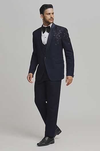 Buy Blue 110 Suiting Fabric Eden Floral Embellished Tuxedo Pant Set For ...