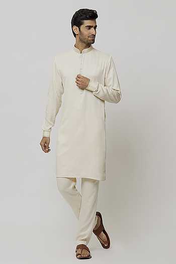 Buy Cream Art Banarasi Silk Embroidered Thread Work Placket Kurta Set ...