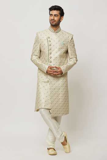 Buy Cream Sherwani: Art Silk Embroidered Thread Asymmetric Hand Set For ...