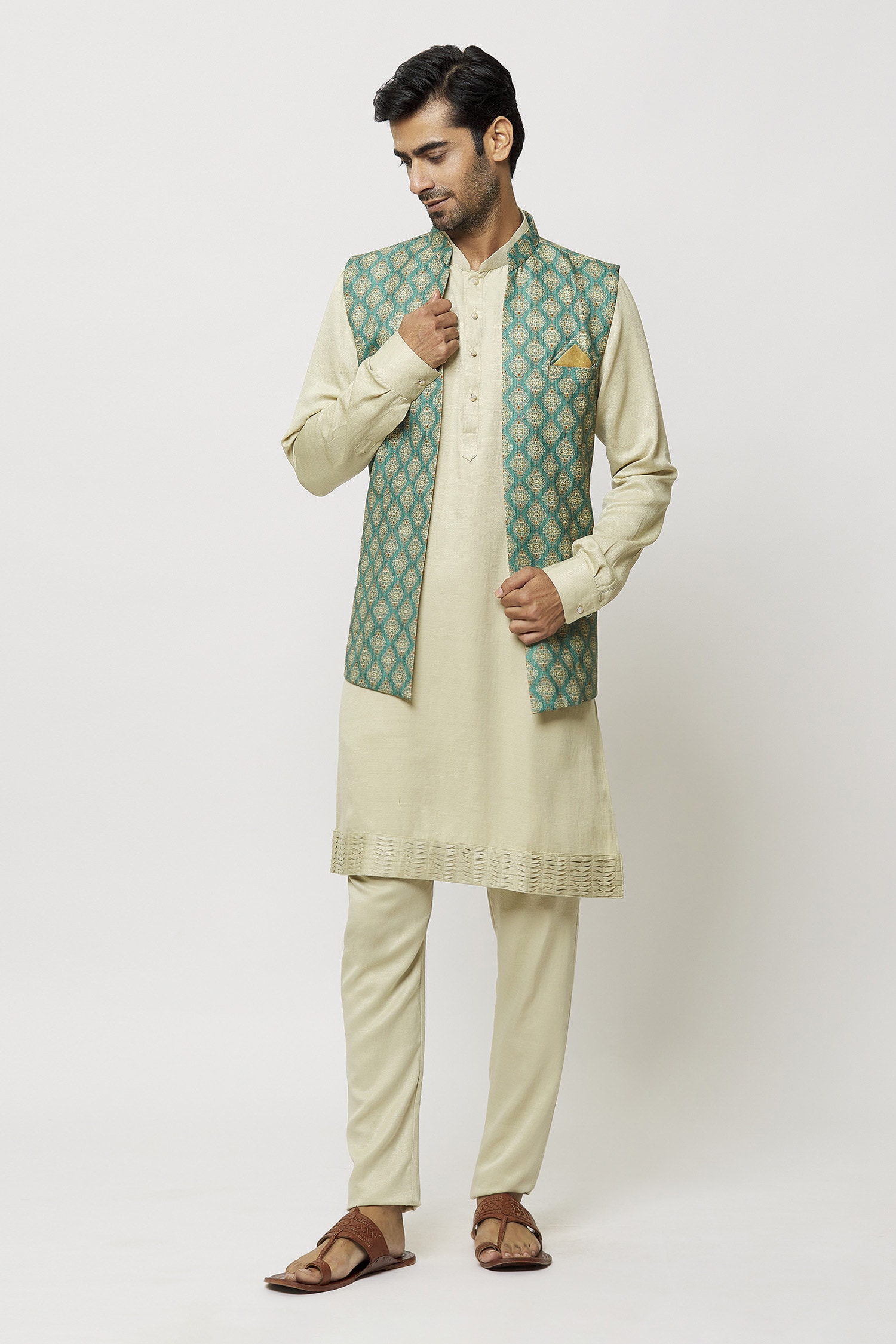 Buy Cream Kurta And Pant: Art Banarasi Buttoned Placket Printed Set For ...
