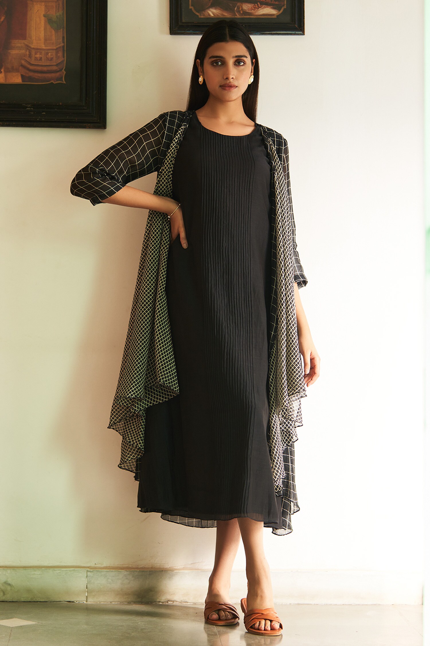 Buy Black Muslin Cotton Printed Checkered Dress: Solid With Jacket For ...