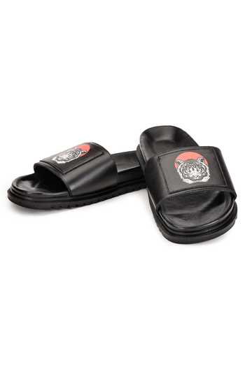 Buy Black Digital Printed Simba Leather Slides For Men by SHUTIQ Online ...