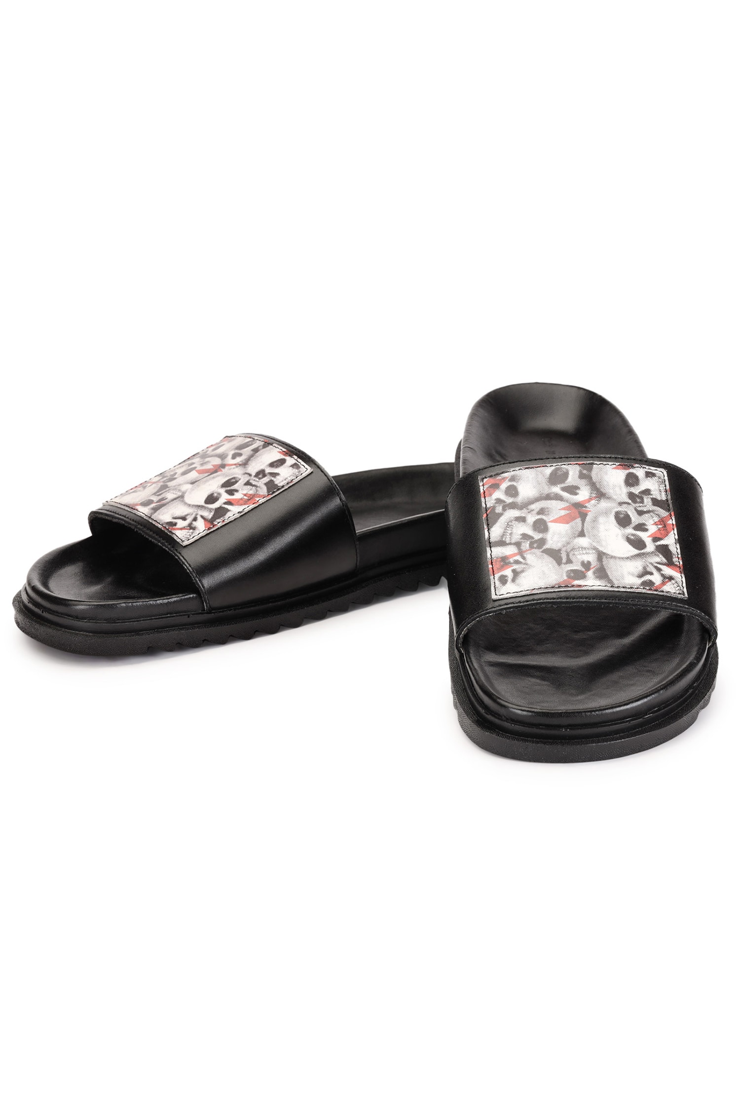 Buy Black Digital Printed Skelly Coal Leather Slides For Men by SHUTIQ ...