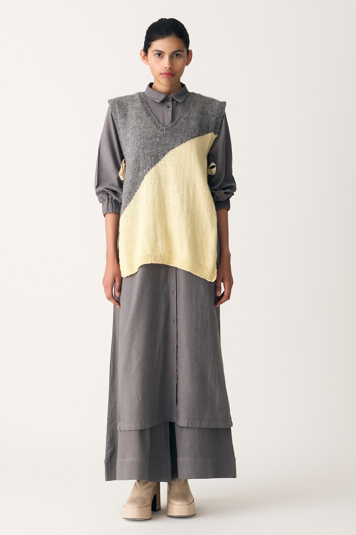 Buy Grey Vest: 110% Wool Hand Knitted Vest: V Color Block Trouser Set ...