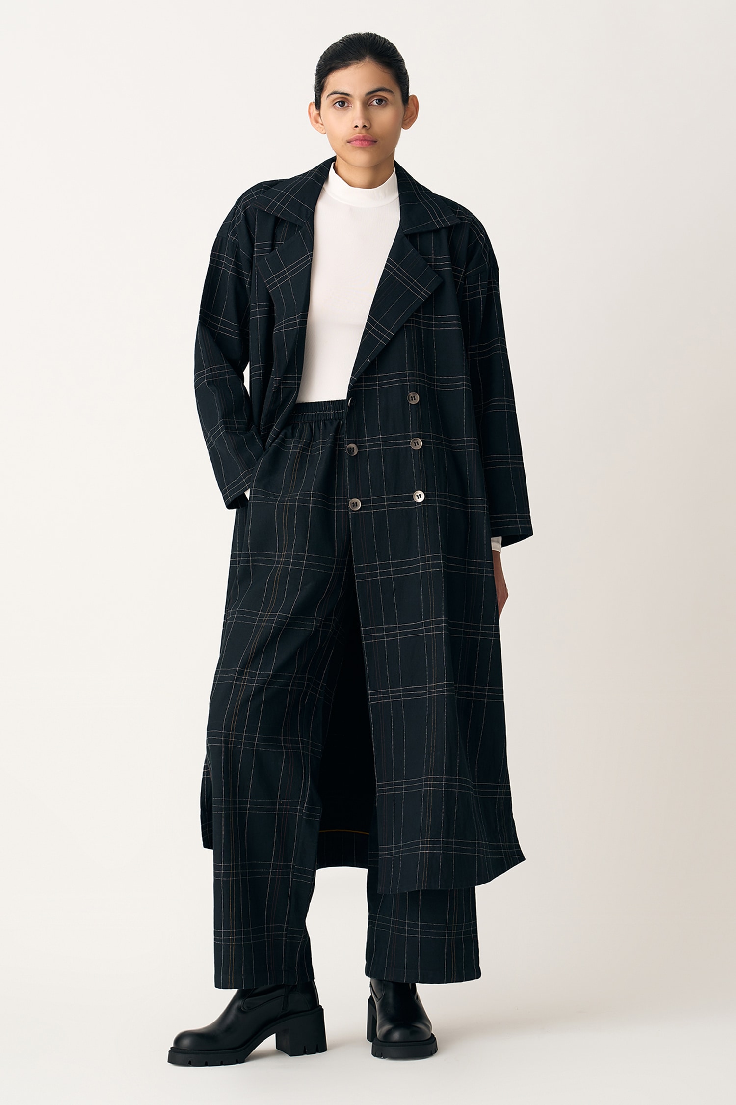 Buy Black Heavy Cotton Twill Grid Pattern Jacket And Trouser Set For ...