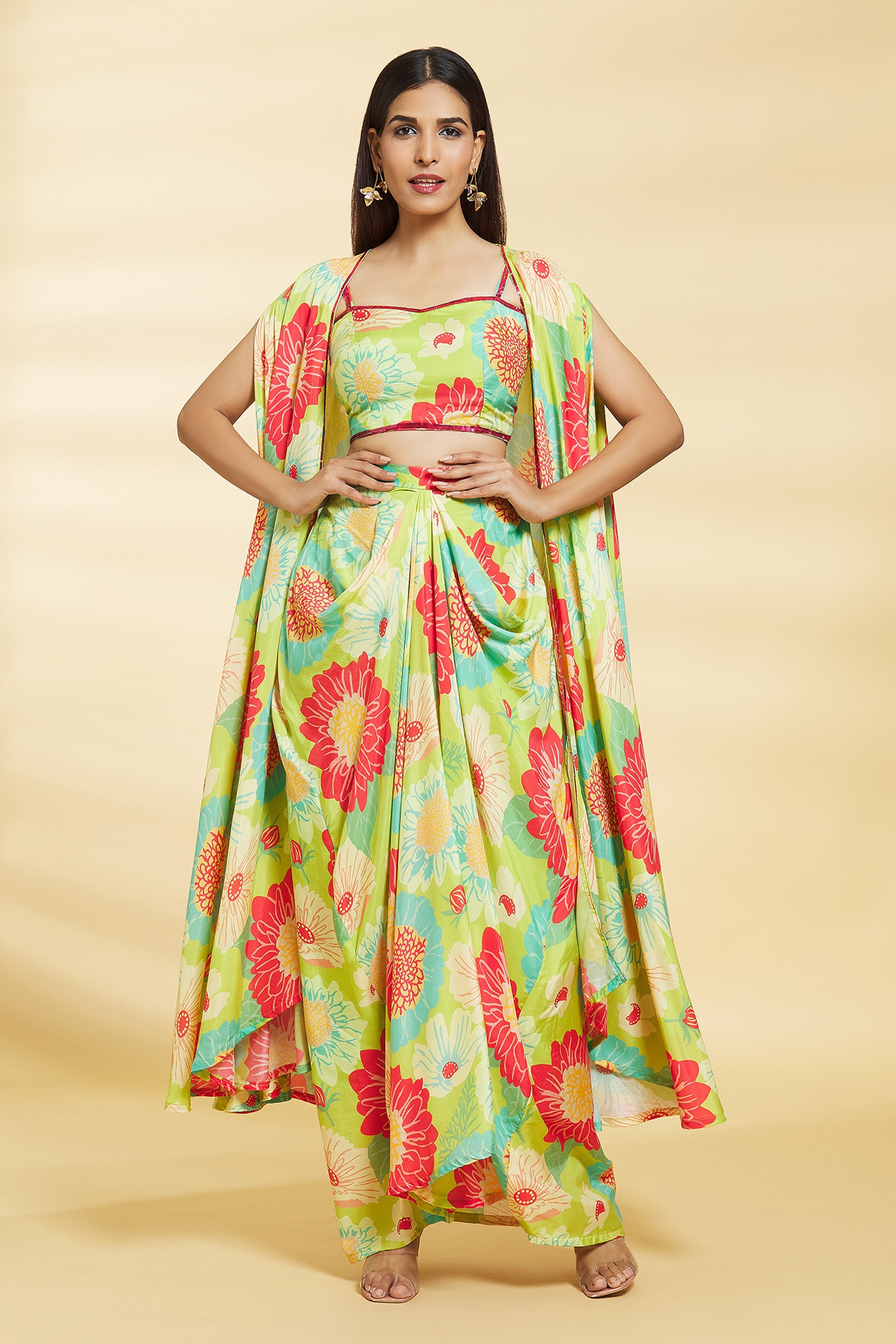 Buy Green Muslin Silk Embroidered Floral Pattern Cape Draped Skirt Set ...