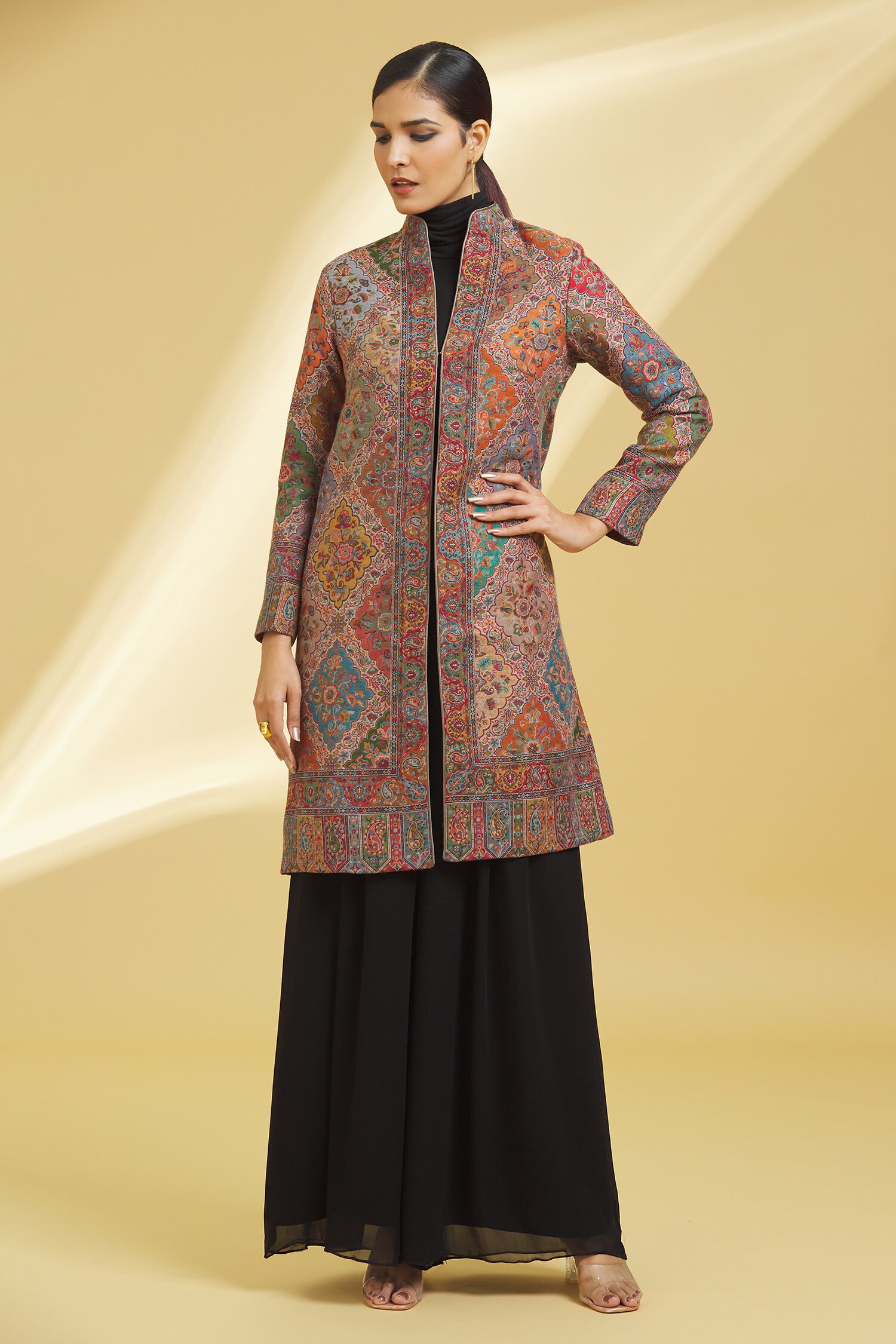 Buy Multi Color Cotton Blend Woven Floral Mughal Pattern Jamawar Jacket ...