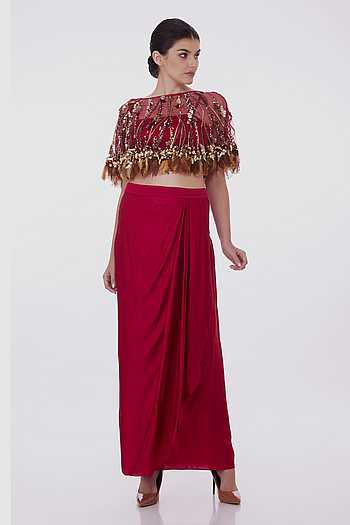 Buy Pink Net Embroidery Sequin Boat Neck Stripe Cape With Bustier For ...