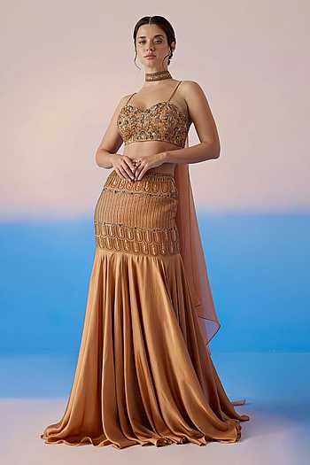Buy Peach Viscose Organza Satin Scallop Crystal Mermaid Lehenga Set For ...
