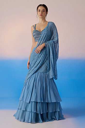 Buy Blue Viscose Crepe Swirl Mermaid Lehenga Saree With Blouse For ...