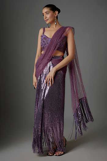 Buy Purple Sequin Stretch Net Embroidered Embellished Pre-stitched ...