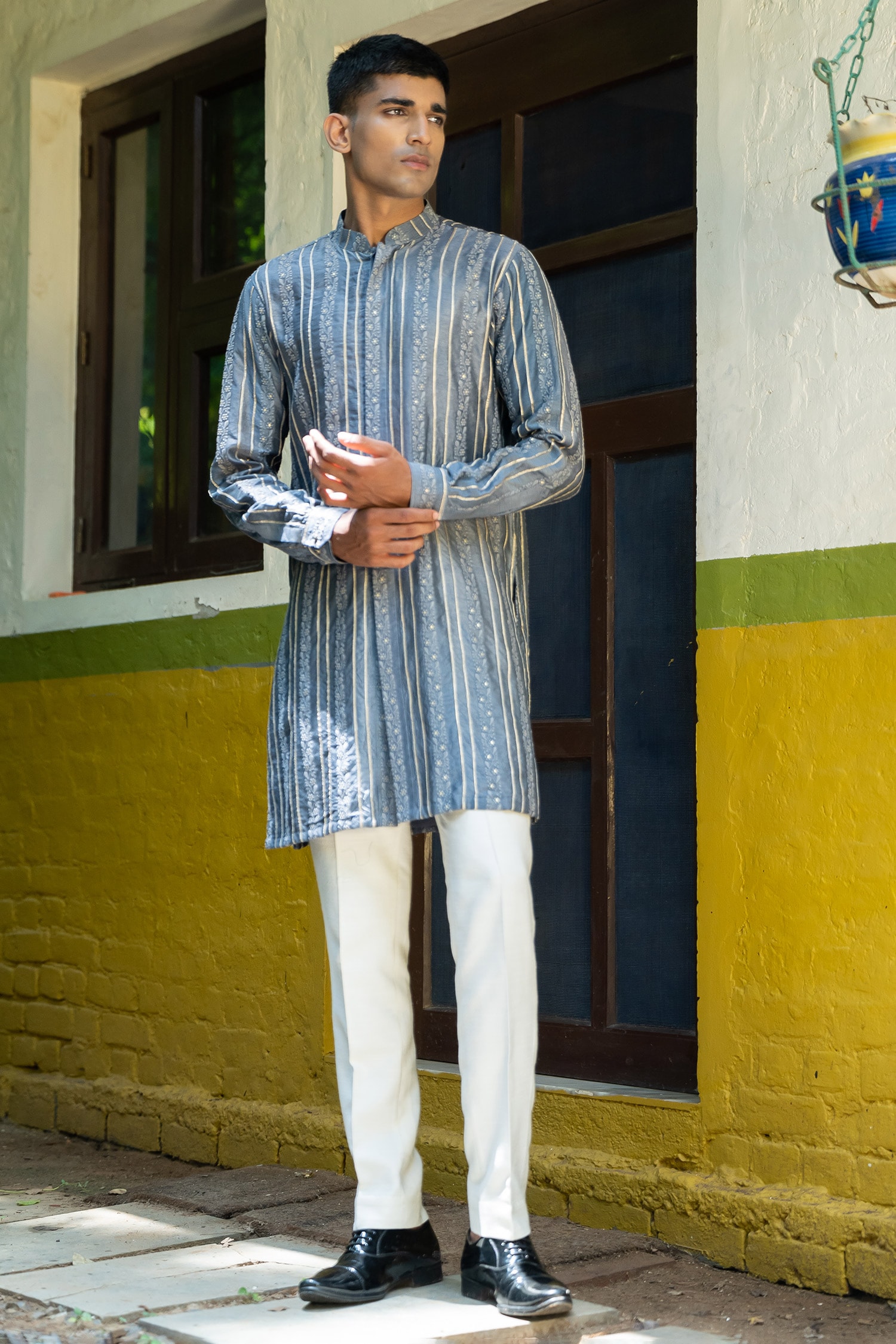 Buy Blue Silk Embroidery Zari Hallstat Floral Stripe Kurta Set For Men by TAJIRI Online at Aza ...