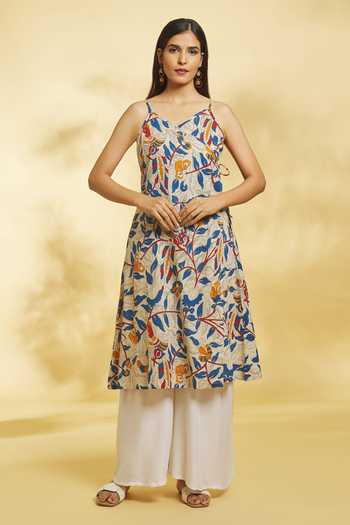 Buy Beige Cotton V Neck Kalamkari Angarkha Kurta For Women by Naintara ...