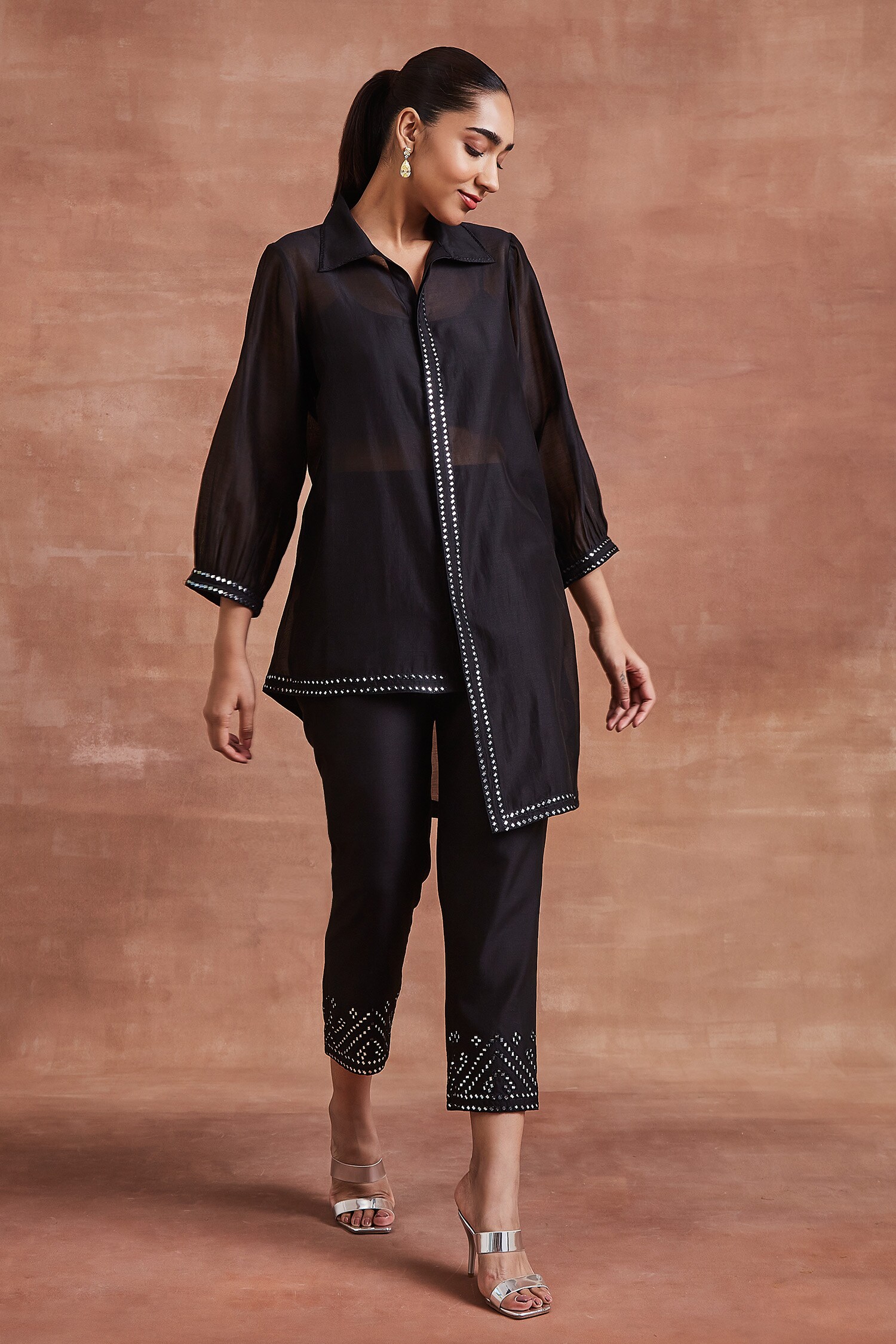 Buy Black Handwoven Chanderi Silk Kunja Mirror Work Shirt And Pant Set ...