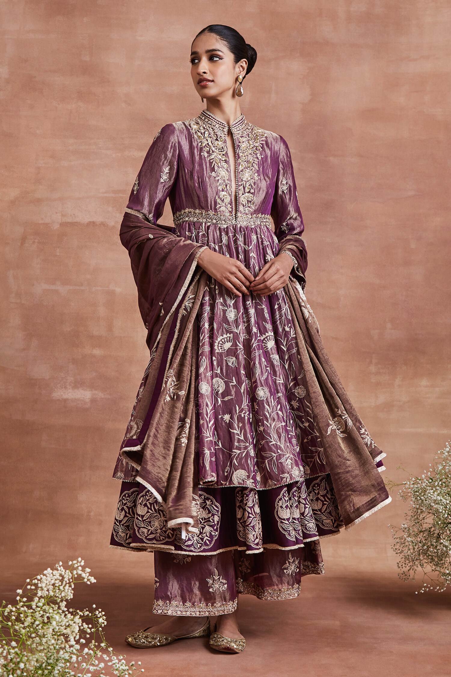 Buy Purple Tissue Silk Embroidery Thread Mayra Layered Anarkali Set For ...