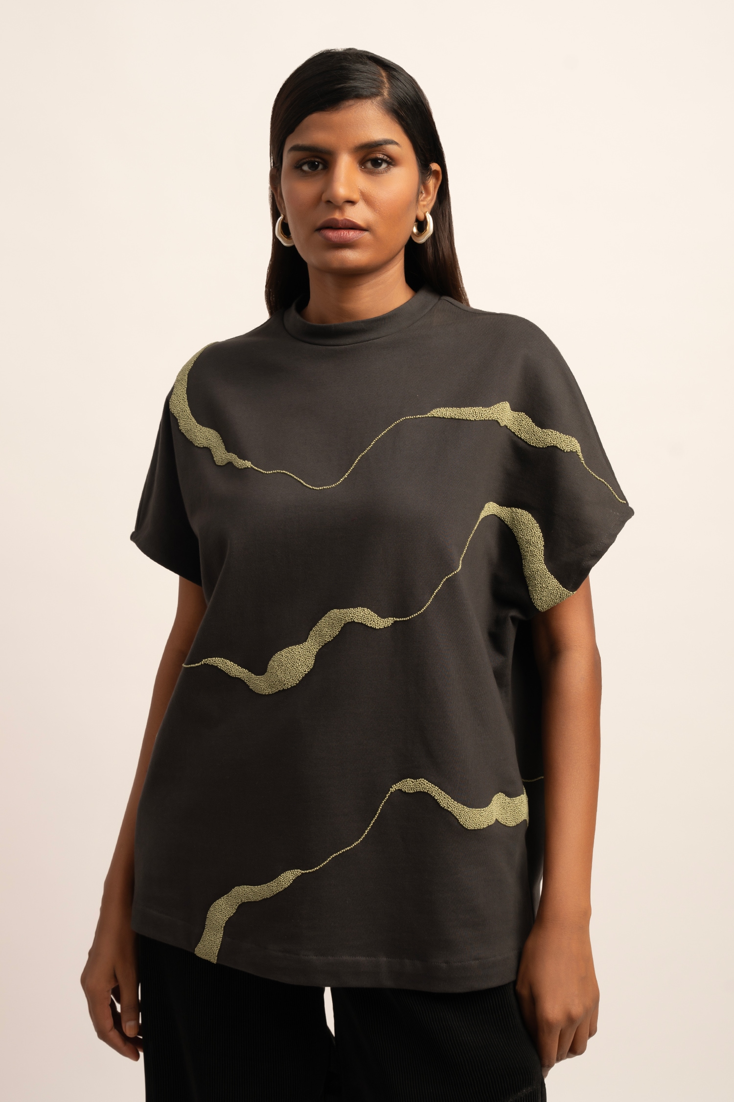 Buy Grey Cotton Terry Embroidery Bead Round Luxe Splendor Work T-shirt ...