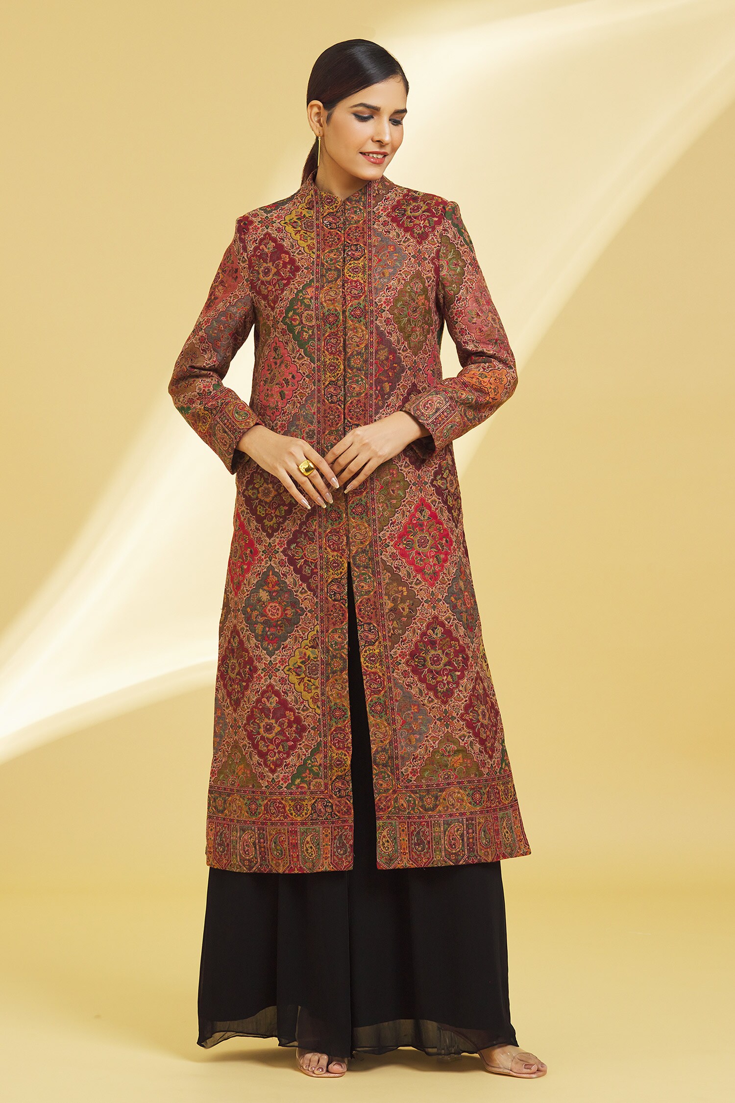 Buy Multi Color Cotton Blend Woven Floral Mughal Jamawar Jacket For ...