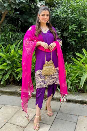 Buy Purple Bemberg Silk Embroidered V Neck Cutwork Kurta Dhoti Pant Set ...