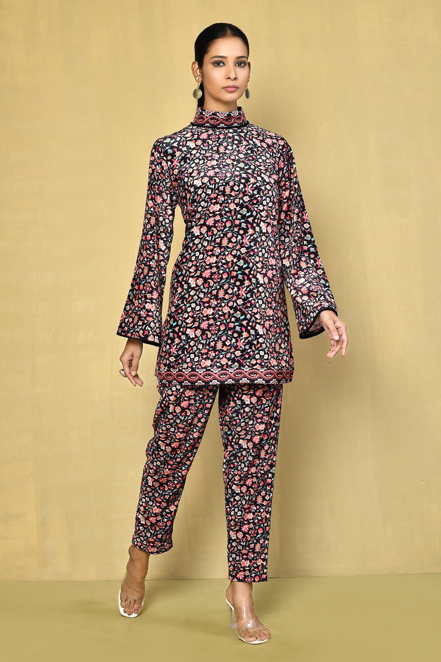 Buy Multi Color Velvet Digital Printed Floral High Rosie Top And Pant ...