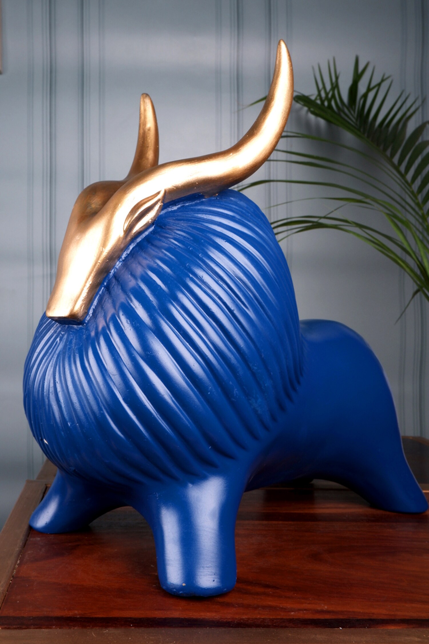 THE WHITE INK DECOR Blue Poly Resin Carved Work Yak Figurine Table Decor