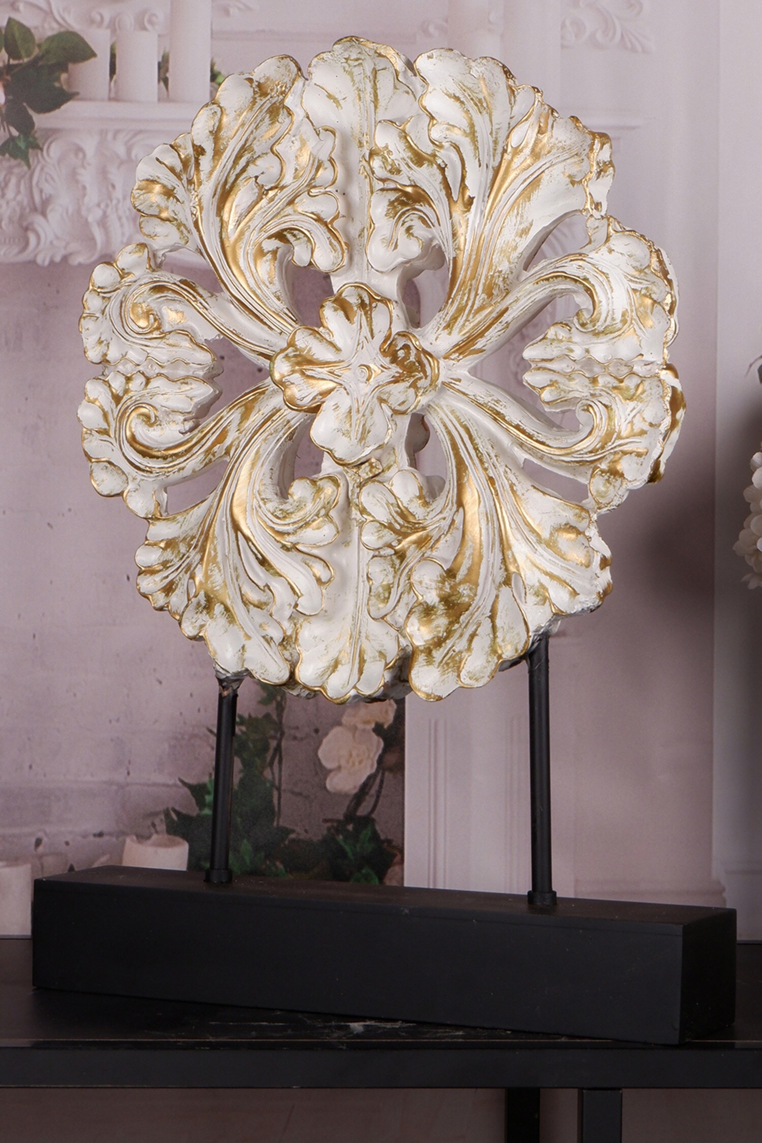 THE WHITE INK DECOR Gold Poly Resin Gilded Bloom Carved Showpiece