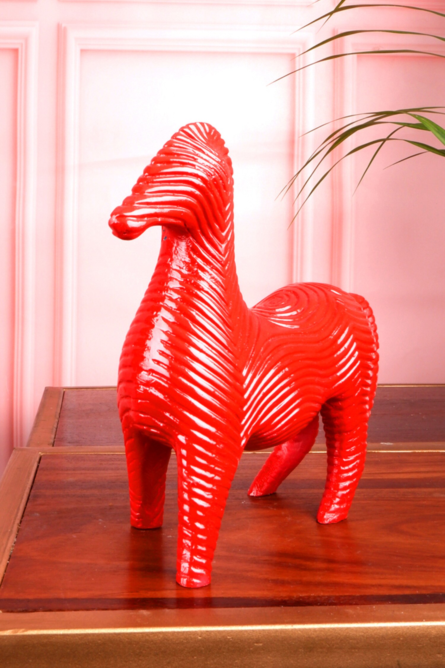 THE WHITE INK DECOR Red Poly Resin Carved Modern Art Zebra Figurine