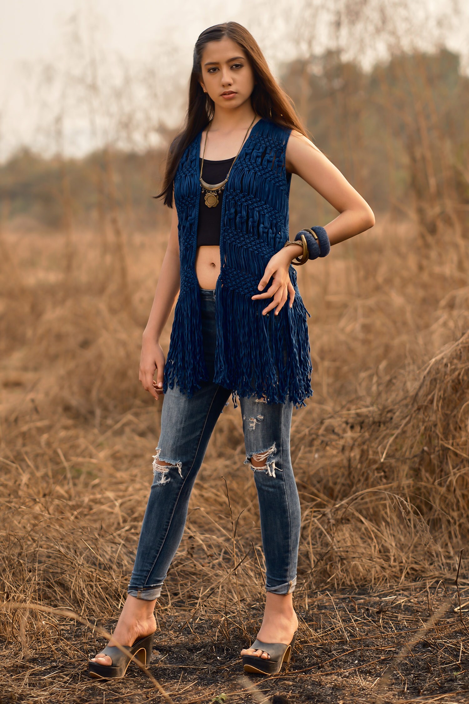 Buy Blue Cotton Embroidery Macrame Open Sleeveless Jacket For Women by ...