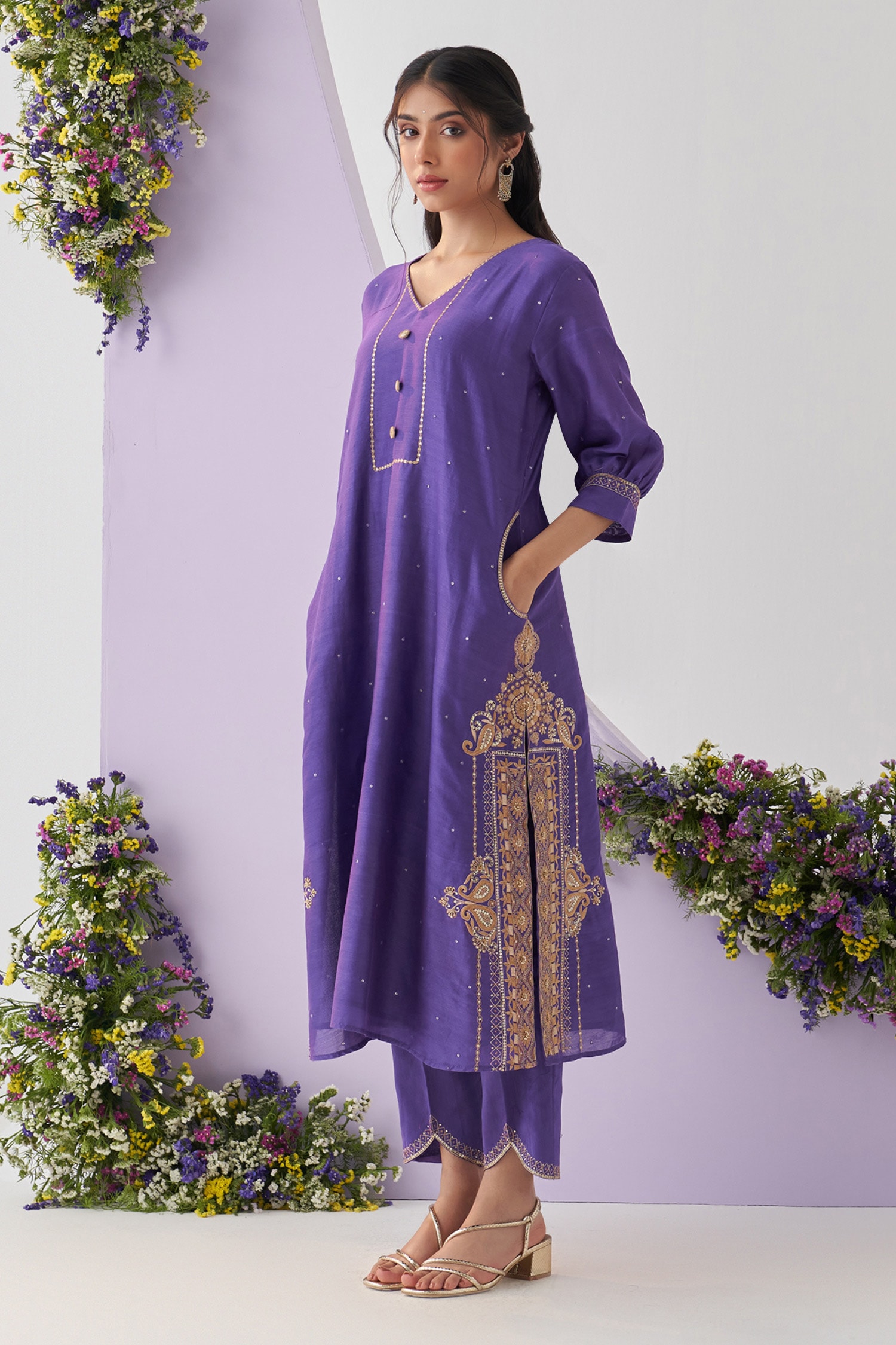 Buy Purple Chanderi Embroidered Resham V Neck Gaia Kurta And Pant Set ...