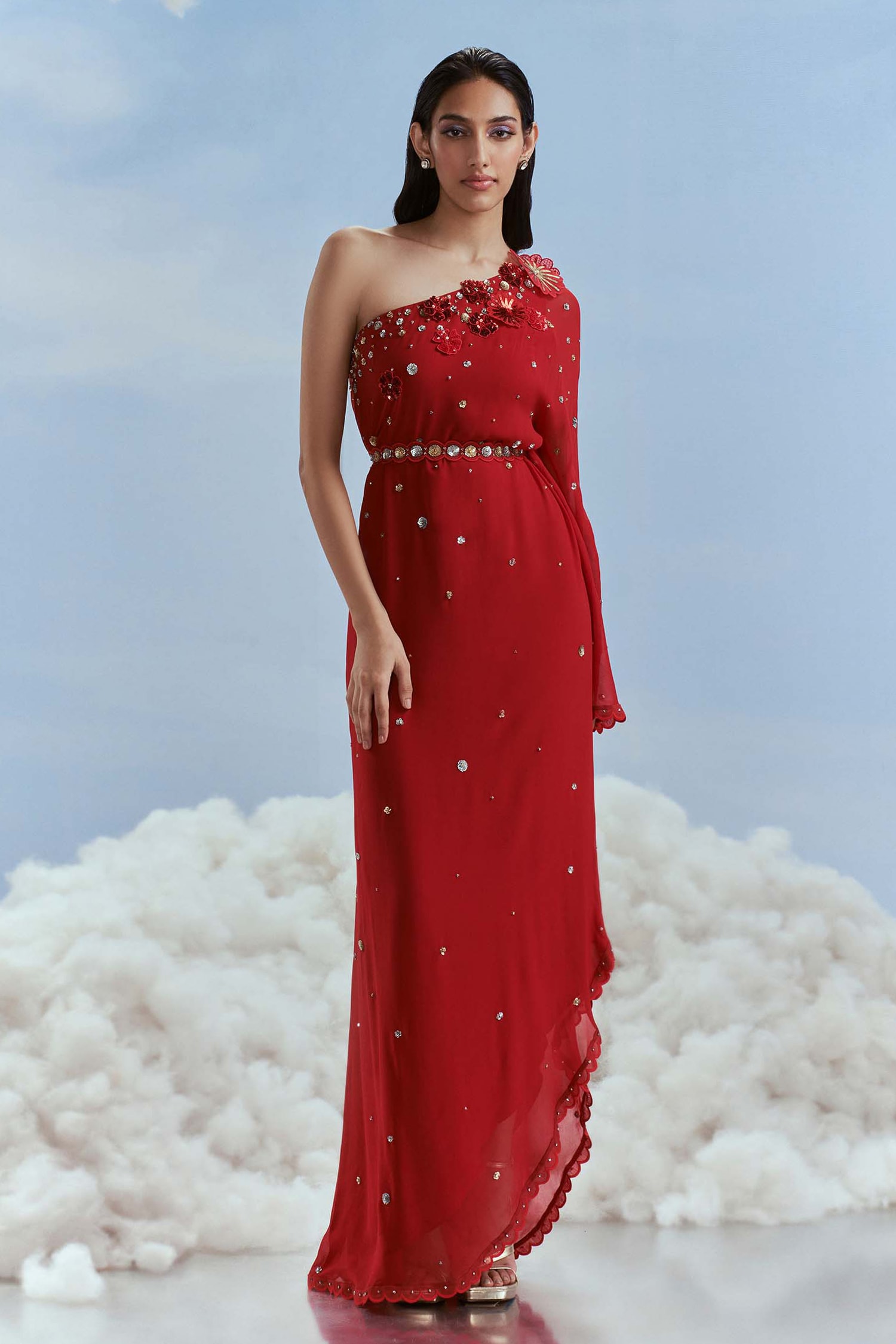 Buy Red Georgette Embroidered Floral One Metallic Izmir Toga Dress For ...