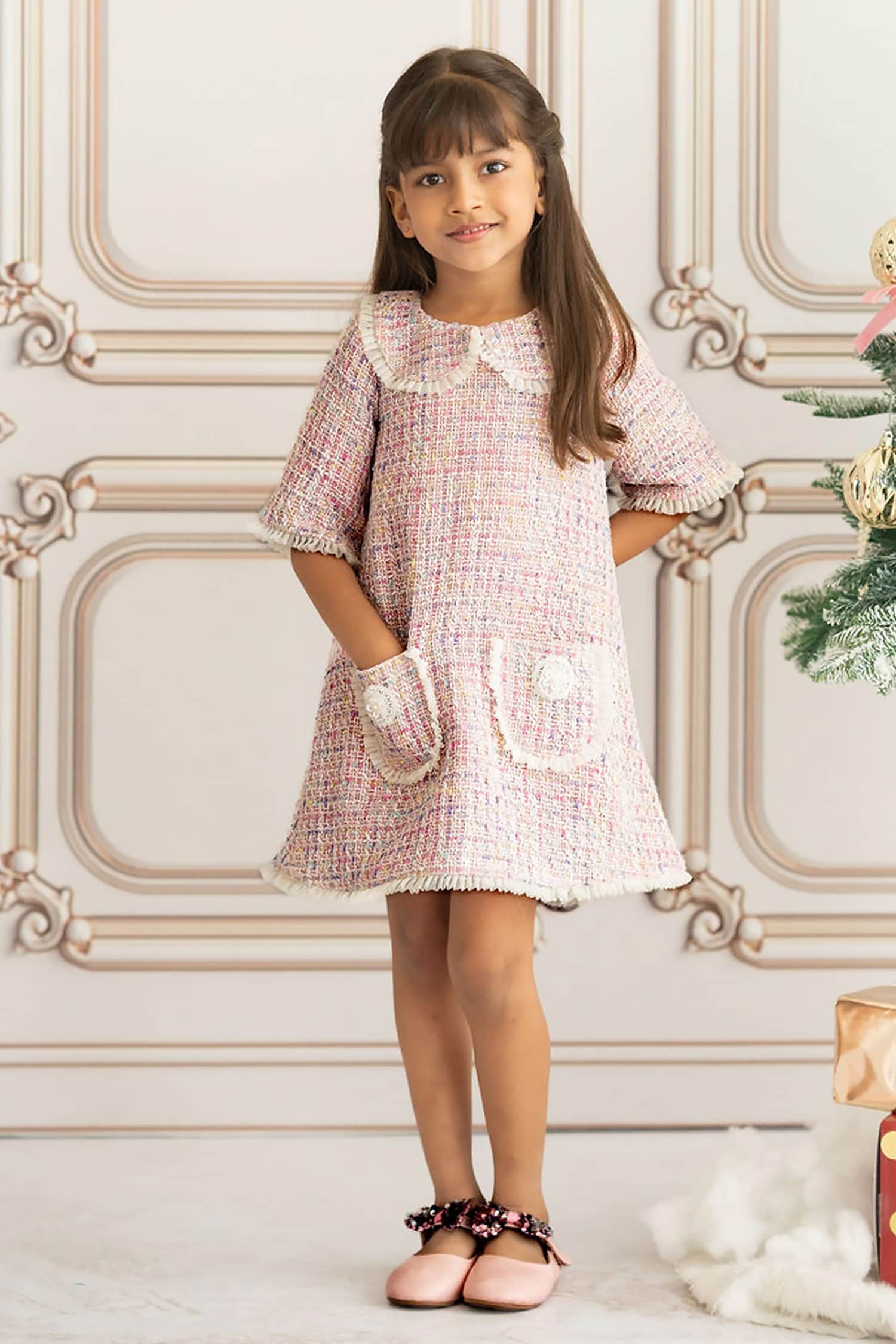 Buy Pink Tweed Fabric Woven And Embellished Peter Pan Collar A-line ...