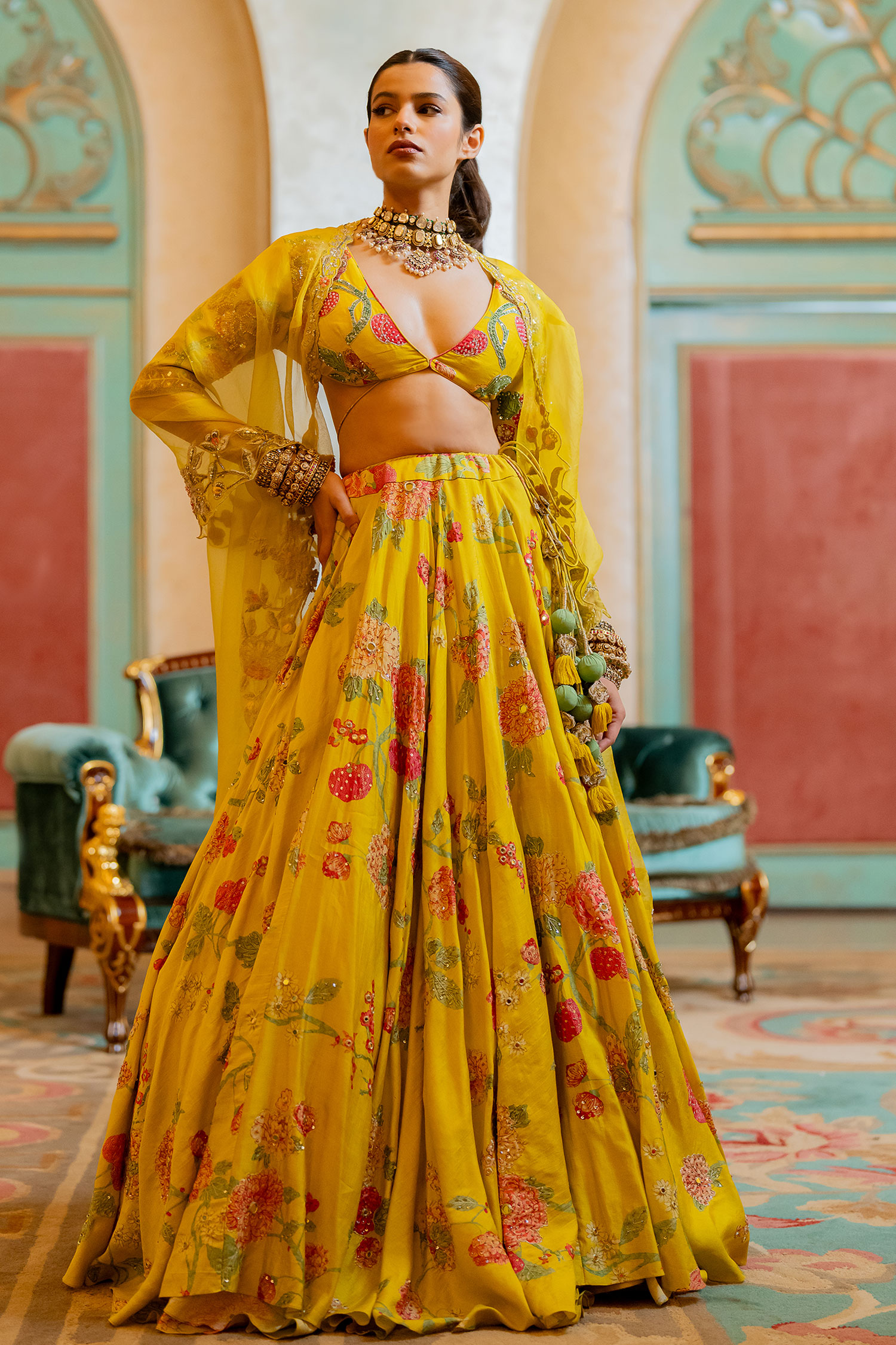 Buy Yellow Lehenga And Blouse Chiniya Silk Printed Floral V Bridal Set