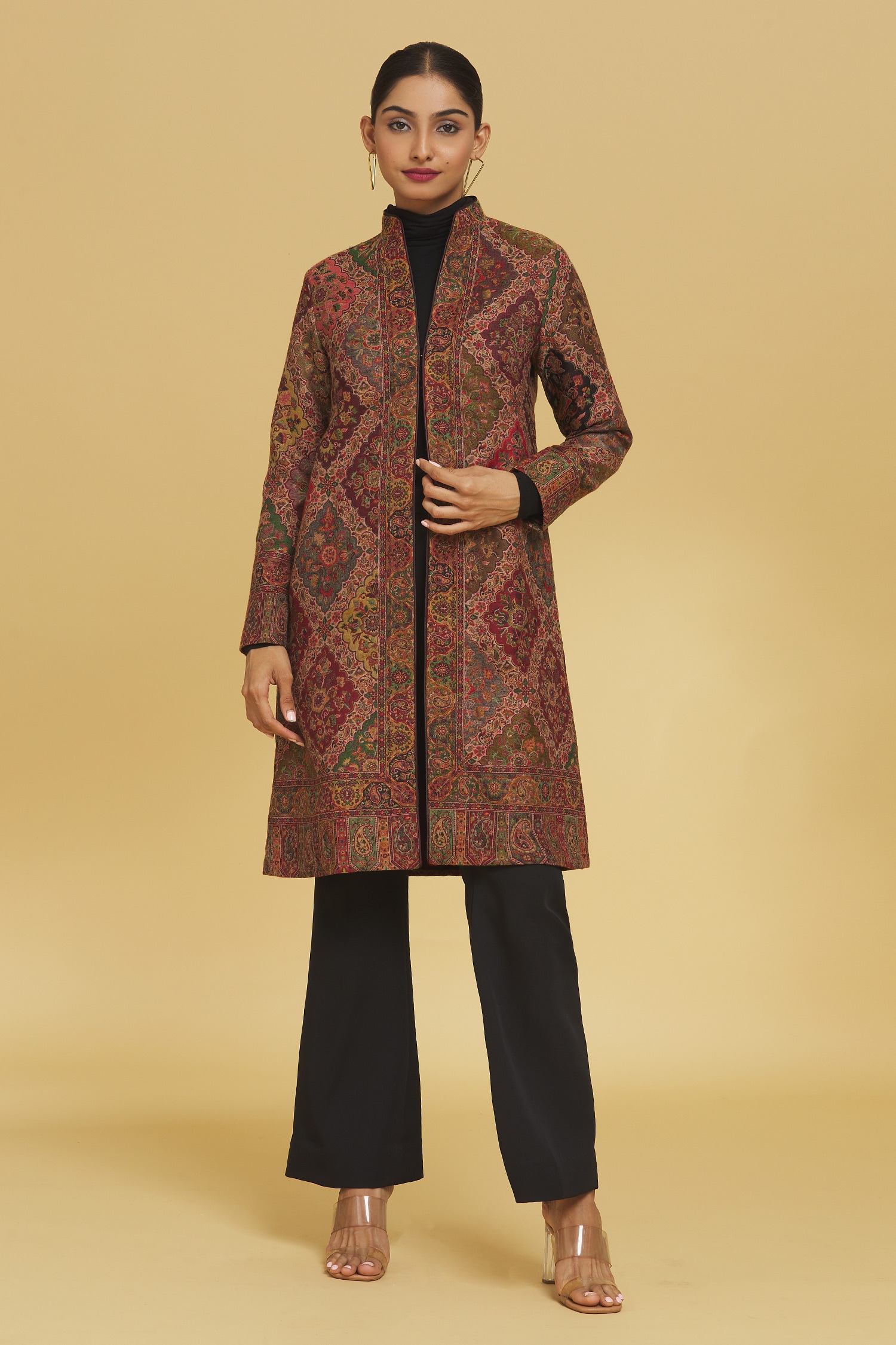 Buy Multi Color Polyester Yarn Jamawar Woven Floral Stand Short Jacket ...