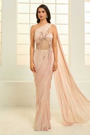 Buy Rose Gold Mashroo Embroidered Floral Vine Draped Corset Saree Gown ...