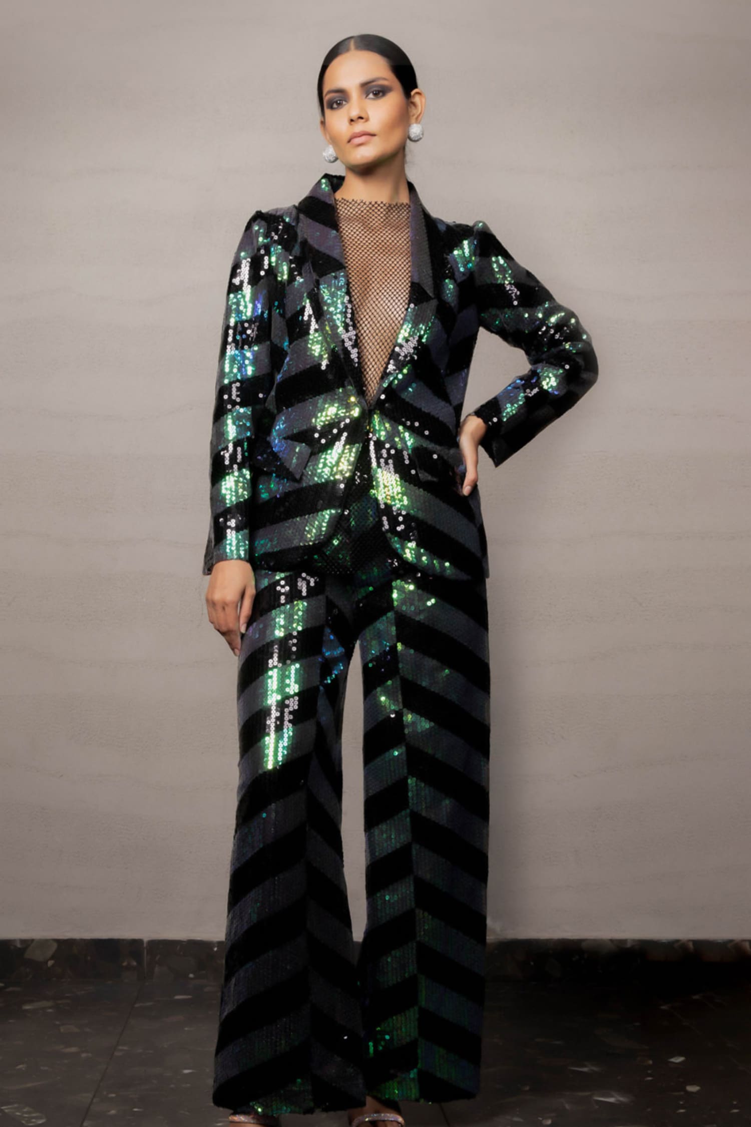 Buy Black Net Embroidery Sequin Shawl Collar Shimmer Suit And Pant Set ...