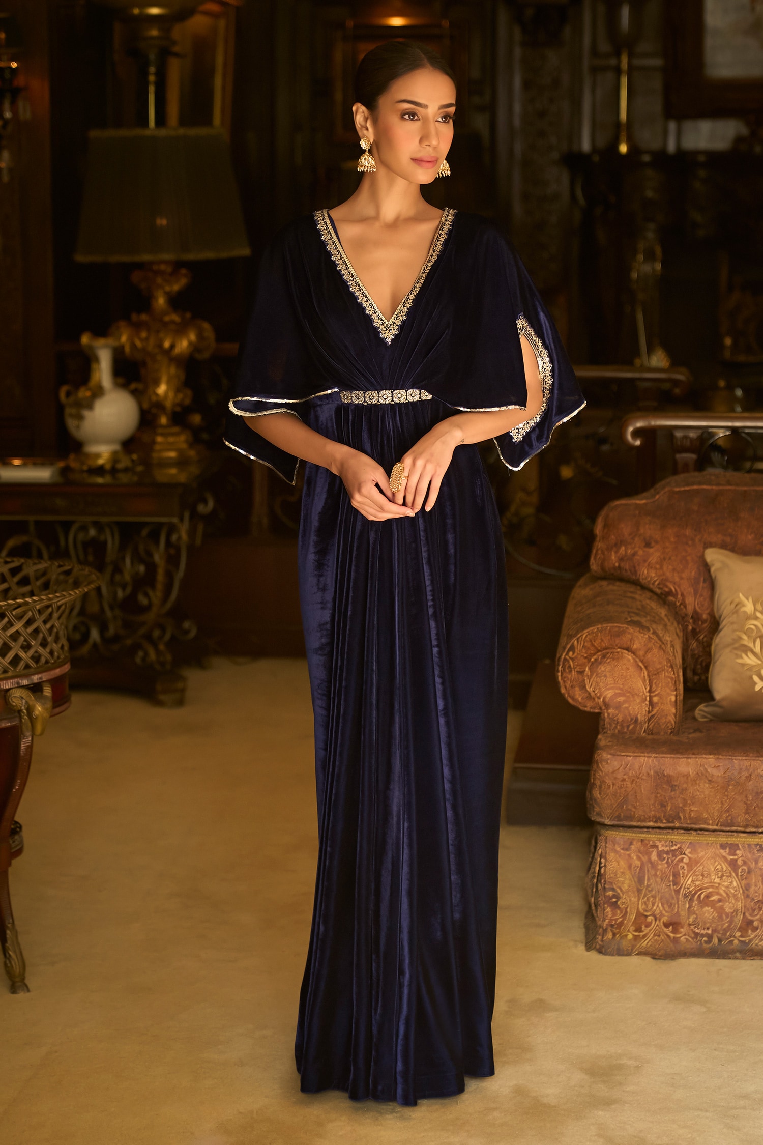 Buy Blue Kaftan Velvet Embroidered Thread V Neck For Women by LASHKARAA ...