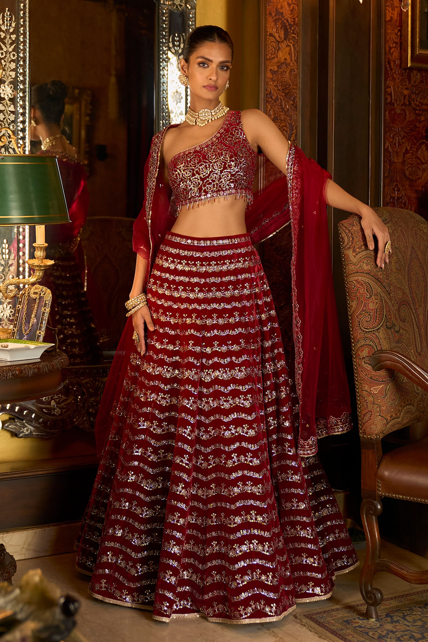 Buy Red Lehenga And Blouse Velvet Embroidered Thread One Shoulder Set ...