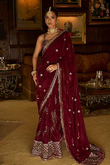 Buy Maroon Velvet Embroidered Thread Sweetheart Saree With Blouse For ...