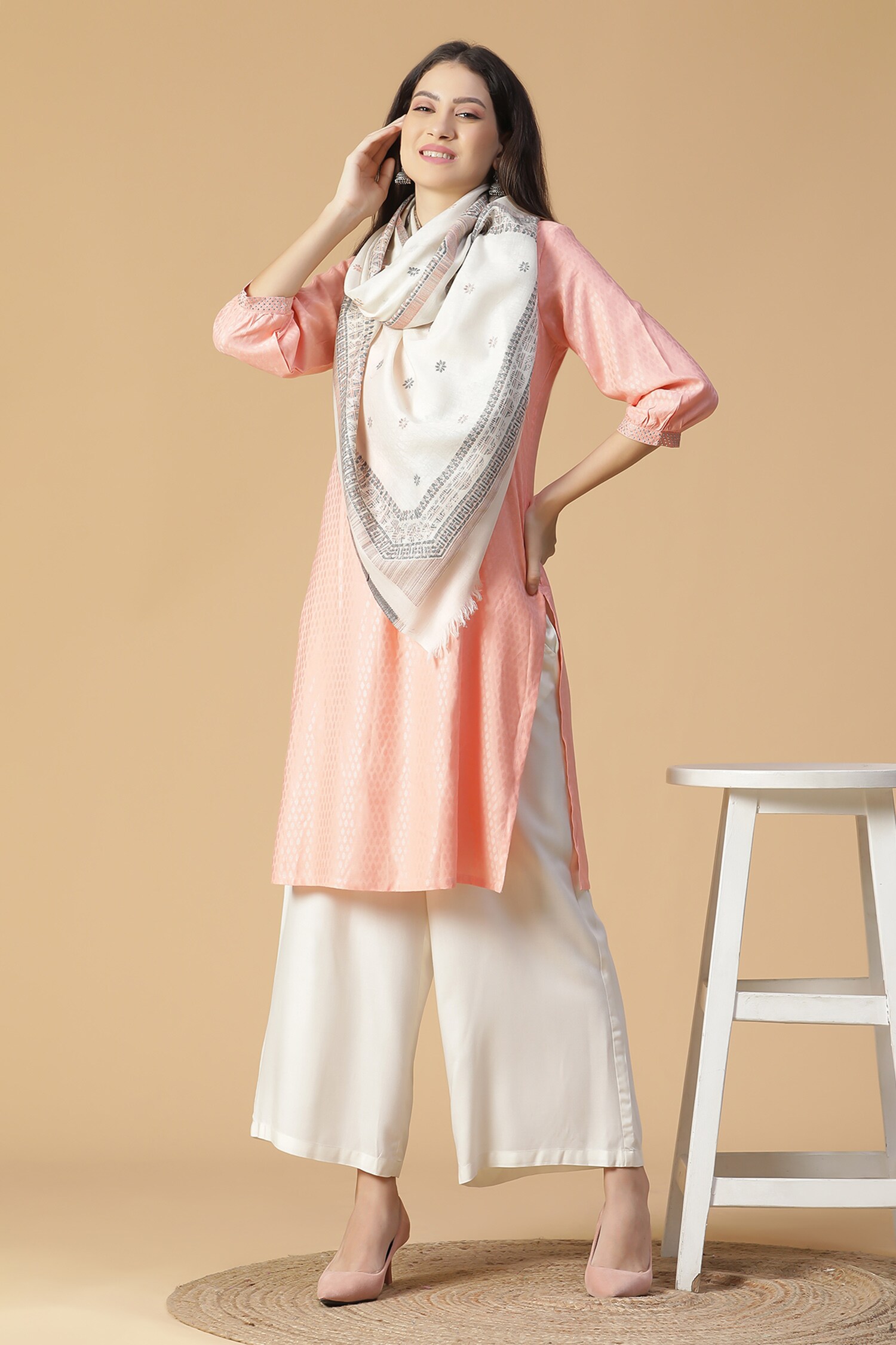 Buy Off White Floral Dotted Pattern Woven Stole by SHINGORA Online at ...